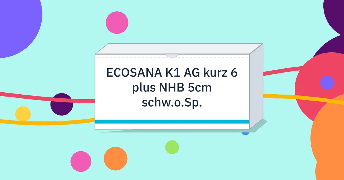 Symbolbild: Packung mit der Aufschrift ECOSANA K1 AG kurz 6 plus NHB 5cm schw.o.Sp. (PZN 04729732) – Verfügbarkeit und Bezug in Apotheken in Frankfurt am Main