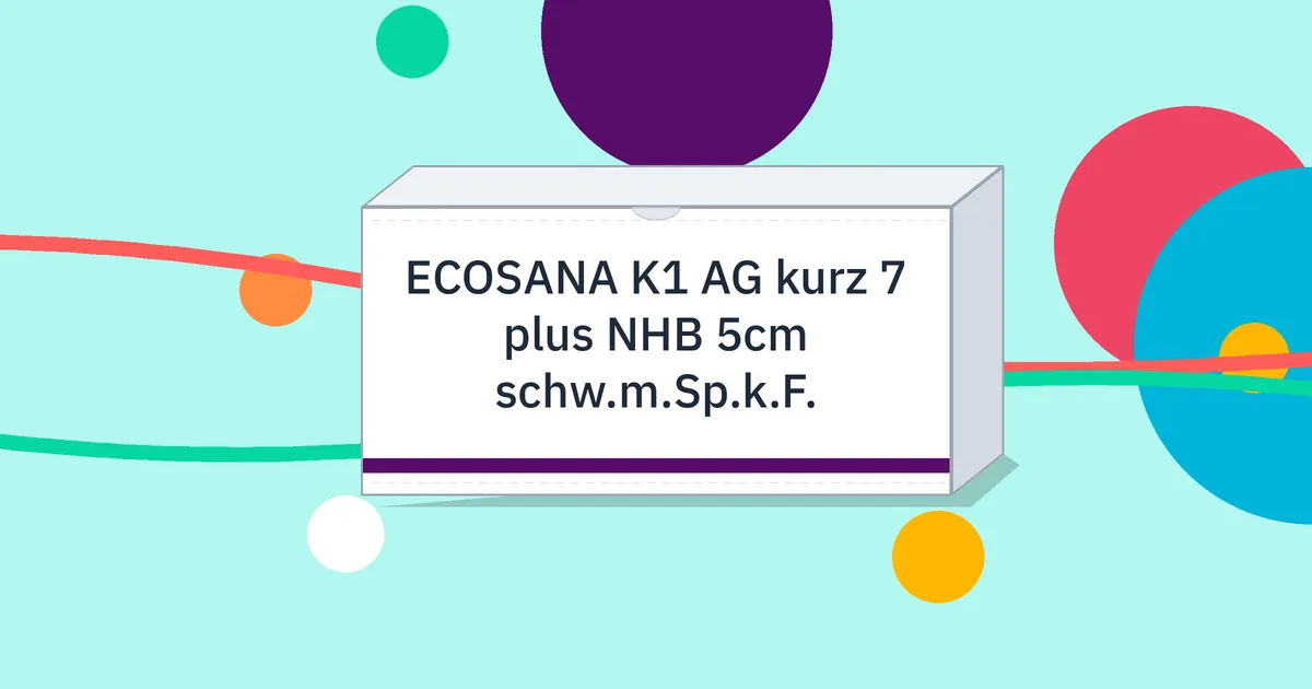 Symbolbild: Packung mit der Aufschrift ECOSANA K1 AG kurz 7 plus NHB 5cm schw.m.Sp.k.F. (PZN 04730540) – Verfügbarkeit und Bezug in Apotheken in Frankfurt am Main