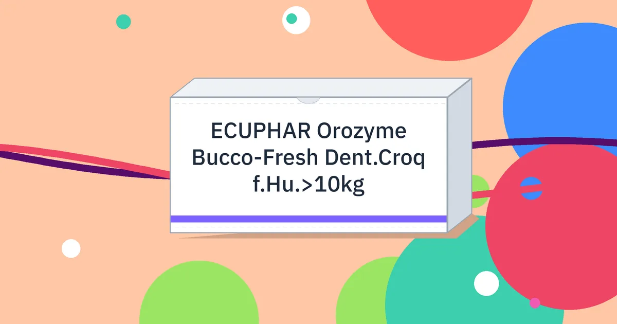 Symbolbild: Packung mit der Aufschrift ECUPHAR Orozyme Bucco-Fresh Dent.Croq f.Hu.>10kg (PZN 19445696) – Verfügbarkeit und Bezug in Apotheken in Frankfurt am Main