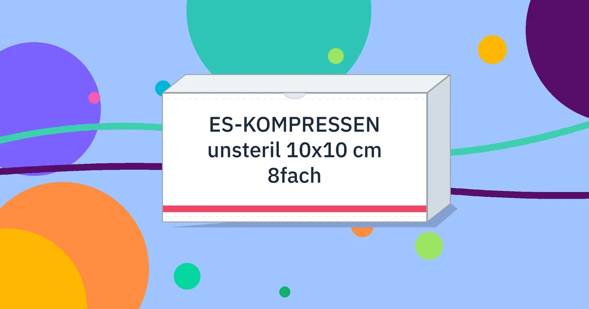 Symbolbild: Packung mit der Aufschrift ES-KOMPRESSEN unsteril 10x10 cm 8fach (PZN 11593629) – Verfügbarkeit und Bezug in Apotheken in Frankfurt am Main