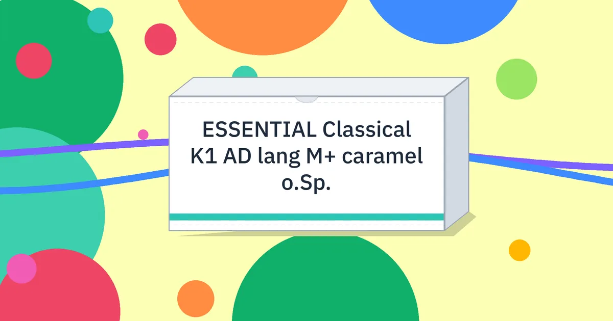 Symbolbild: Packung mit der Aufschrift ESSENTIAL Classical K1 AD lang M+ caramel o.Sp. (PZN 17009146) – Verfügbarkeit und Bezug in Apotheken in Frankfurt am Main