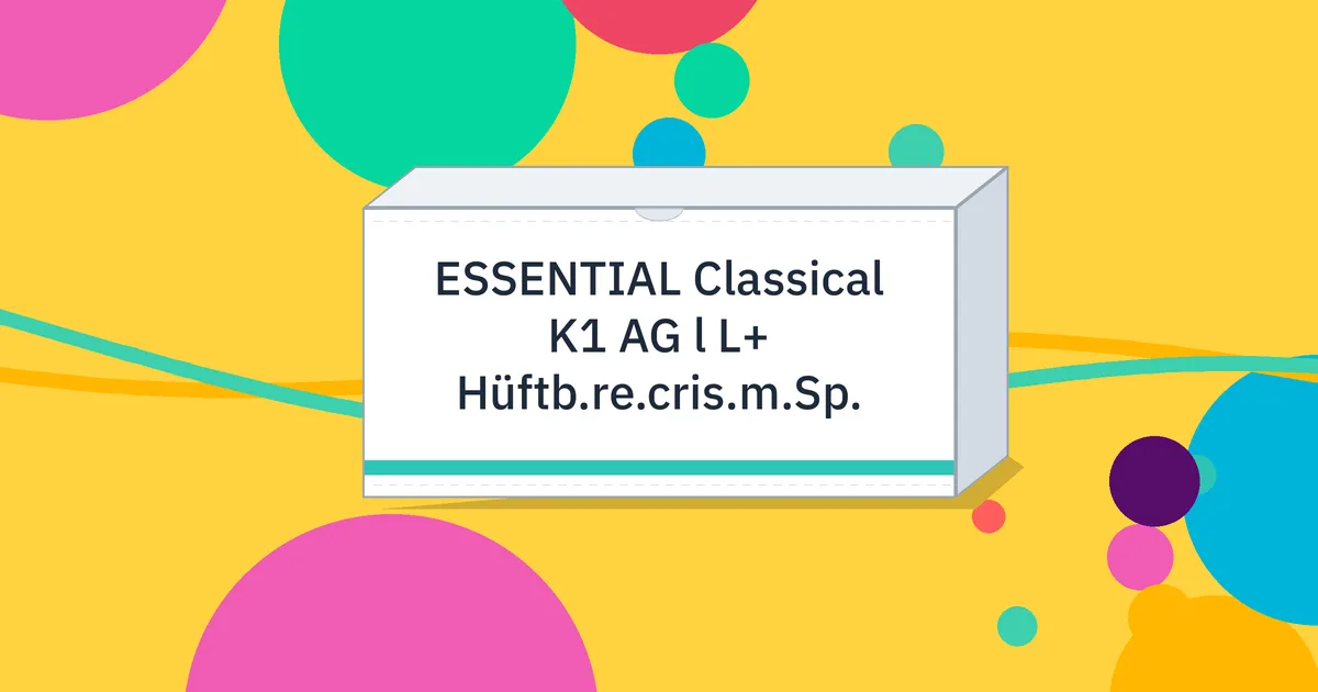 Symbolbild: Packung mit der Aufschrift ESSENTIAL Classical K1 AG l L+ Hüftb.re.cris.m.Sp. (PZN 17012510) – Verfügbarkeit und Bezug in Apotheken in Frankfurt am Main