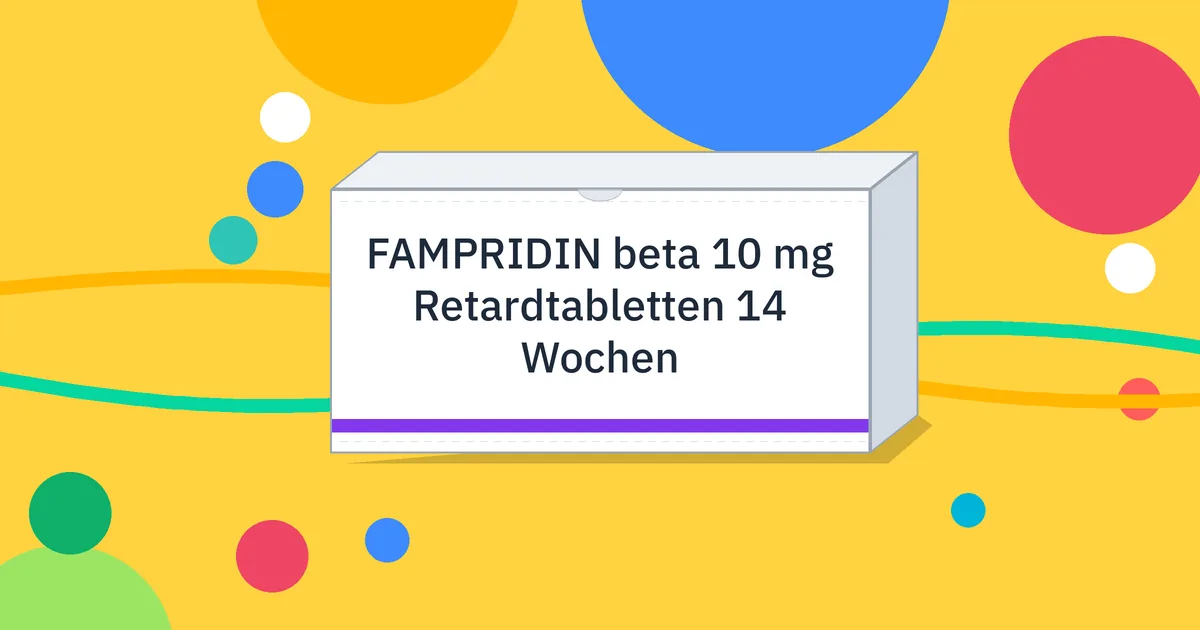 Symbolbild: Packung mit der Aufschrift FAMPRIDIN beta 10 mg Retardtabletten 14 Wochen (PZN 14330830) – Verfügbarkeit und Bezug in Apotheken in Frankfurt am Main