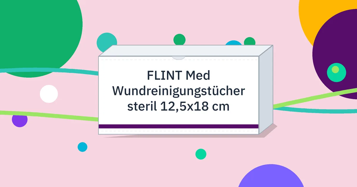 Symbolbild: Packung mit der Aufschrift FLINT Med Wundreinigungstücher steril 12,5x18 cm (PZN 20576854) – Verfügbarkeit und Bezug in Apotheken in Frankfurt am Main