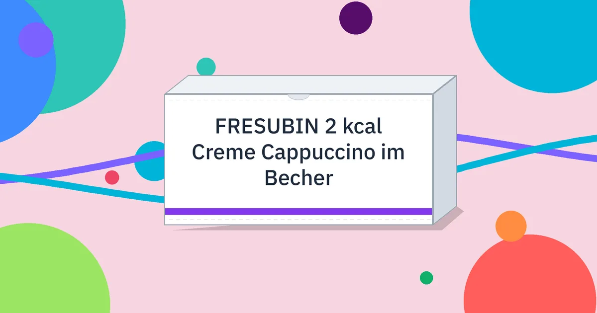 Symbolbild: Packung mit der Aufschrift FRESUBIN 2 kcal Creme Cappuccino im Becher (PZN 19732295) – Verfügbarkeit und Bezug in Apotheken in Frankfurt am Main