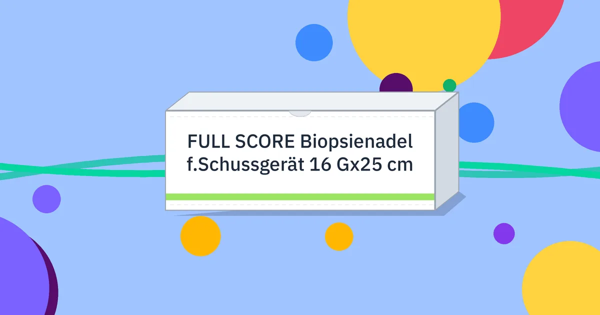Symbolbild: Packung mit der Aufschrift FULL SCORE Biopsienadel f.Schussgerät 16 Gx25 cm (PZN 14384576) – Verfügbarkeit und Bezug in Apotheken in Frankfurt am Main