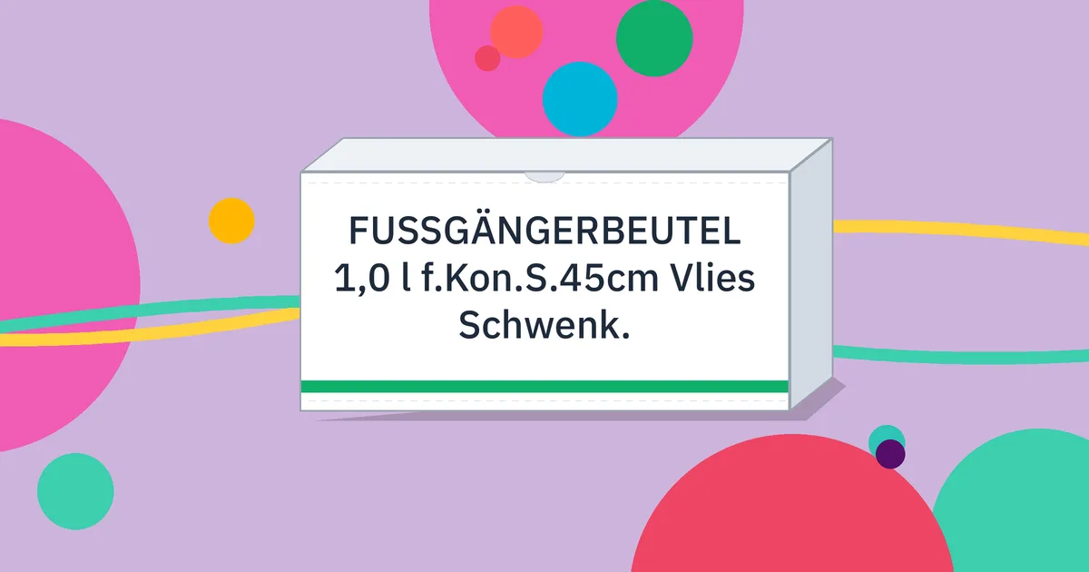 Symbolbild: Packung mit der Aufschrift FUSSGÄNGERBEUTEL 1,0 l f.Kon.S.45cm Vlies Schwenk. (PZN 06096567) – Verfügbarkeit und Bezug in Apotheken in Frankfurt am Main