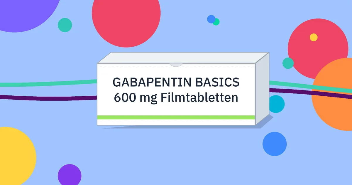 Symbolbild: Packung mit der Aufschrift GABAPENTIN BASICS 600 mg Filmtabletten (PZN 07229409) – Verfügbarkeit und Bezug in Apotheken in Frankfurt am Main