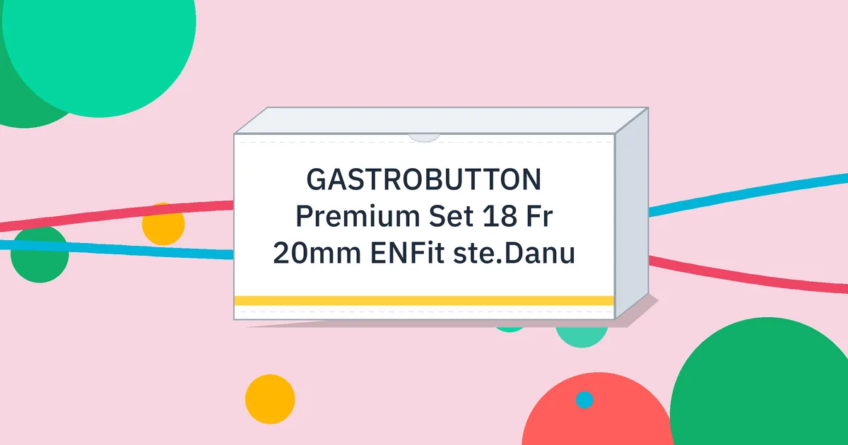 Symbolbild: Packung mit der Aufschrift GASTROBUTTON Premium Set 18 Fr 20mm ENFit ste.Danu (PZN 16883792) – Verfügbarkeit und Bezug in Apotheken in Frankfurt am Main