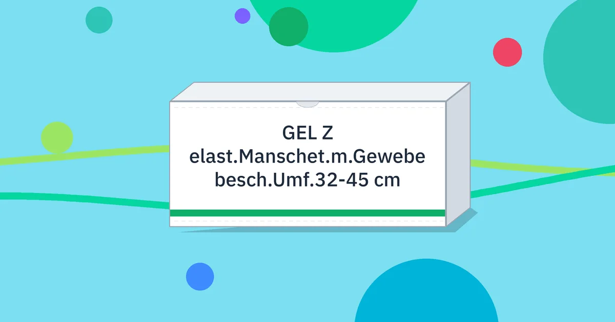 Symbolbild: Packung mit der Aufschrift GEL Z elast.Manschet.m.Gewebe besch.Umf.32-45 cm (PZN 11078991) – Verfügbarkeit und Bezug in Apotheken in Frankfurt am Main