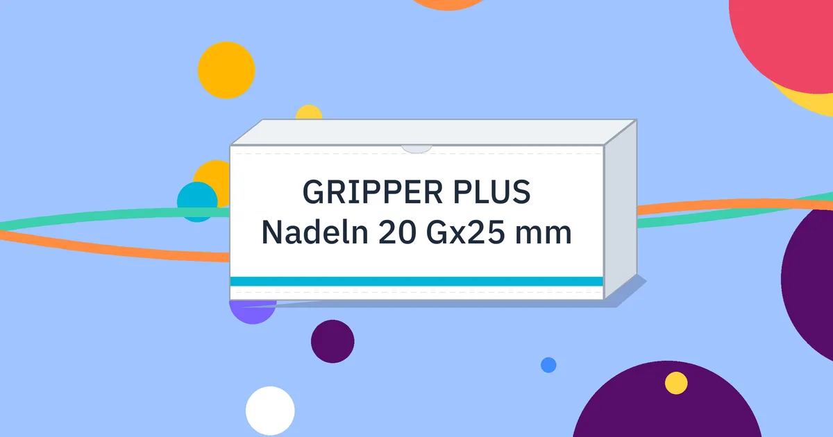 Symbolbild: Packung mit der Aufschrift GRIPPER PLUS Nadeln 20 Gx25 mm (PZN 00435821) – Verfügbarkeit und Bezug in Apotheken in Frankfurt am Main