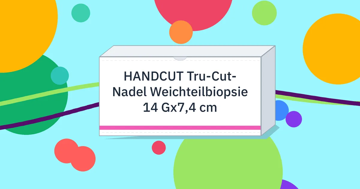Symbolbild: Packung mit der Aufschrift HANDCUT Tru-Cut-Nadel Weichteilbiopsie 14 Gx7,4 cm (PZN 19736287) – Verfügbarkeit und Bezug in Apotheken in Frankfurt am Main