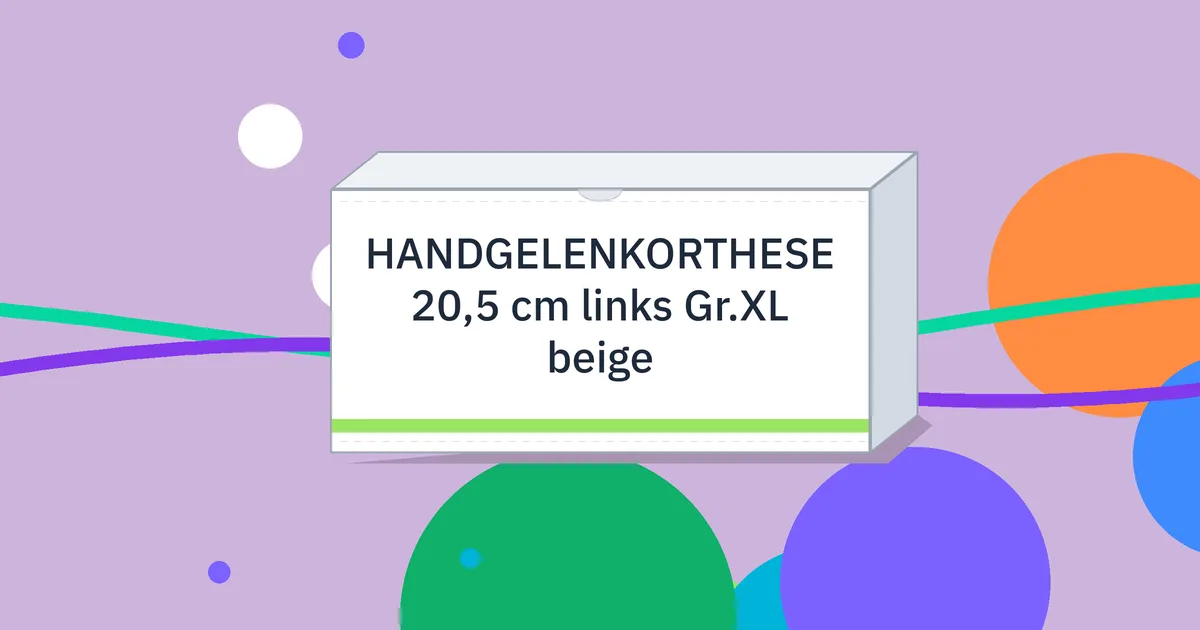Symbolbild: Packung mit der Aufschrift HANDGELENKORTHESE 20,5 cm links Gr.XL beige (PZN 03387548) – Verfügbarkeit und Bezug in Apotheken in Frankfurt am Main