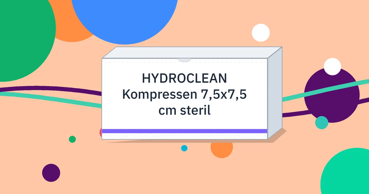 Symbolbild: Packung mit der Aufschrift HYDROCLEAN Kompressen 7,5x7,5 cm steril (PZN 18320024) – Verfügbarkeit und Bezug in Apotheken in Frankfurt am Main