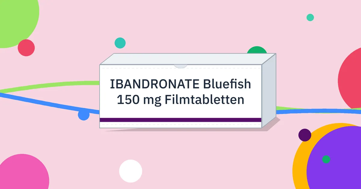 Symbolbild: Packung mit der Aufschrift IBANDRONATE Bluefish 150 mg Filmtabletten (PZN 09924036) – Verfügbarkeit und Bezug in Apotheken in Frankfurt am Main