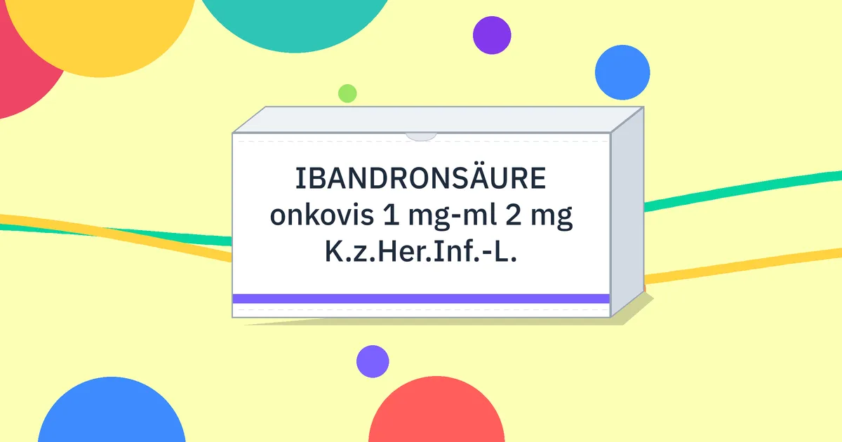 Symbolbild: Packung mit der Aufschrift IBANDRONSÄURE onkovis 1 mg-ml 2 mg K.z.Her.Inf.-L. (PZN 09207369) – Verfügbarkeit und Bezug in Apotheken in Frankfurt am Main