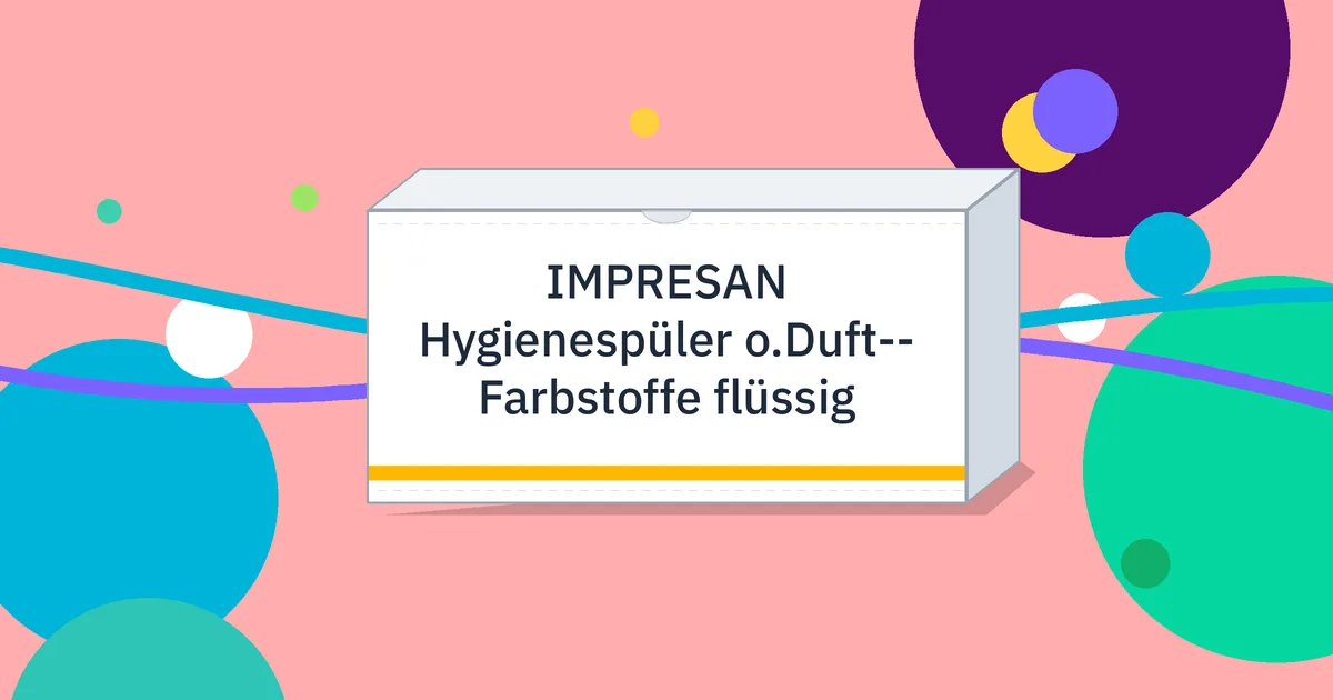 Symbolbild: Packung mit der Aufschrift IMPRESAN Hygienespüler o.Duft--Farbstoffe flüssig (PZN 14305660) – Verfügbarkeit und Bezug in Apotheken in Frankfurt am Main