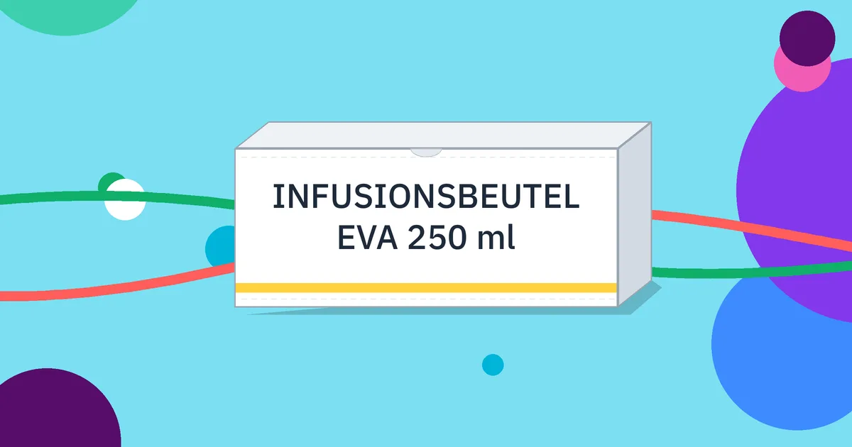 Symbolbild: Packung mit der Aufschrift INFUSIONSBEUTEL EVA 250 ml (PZN 19987003) – Verfügbarkeit und Bezug in Apotheken in Frankfurt am Main