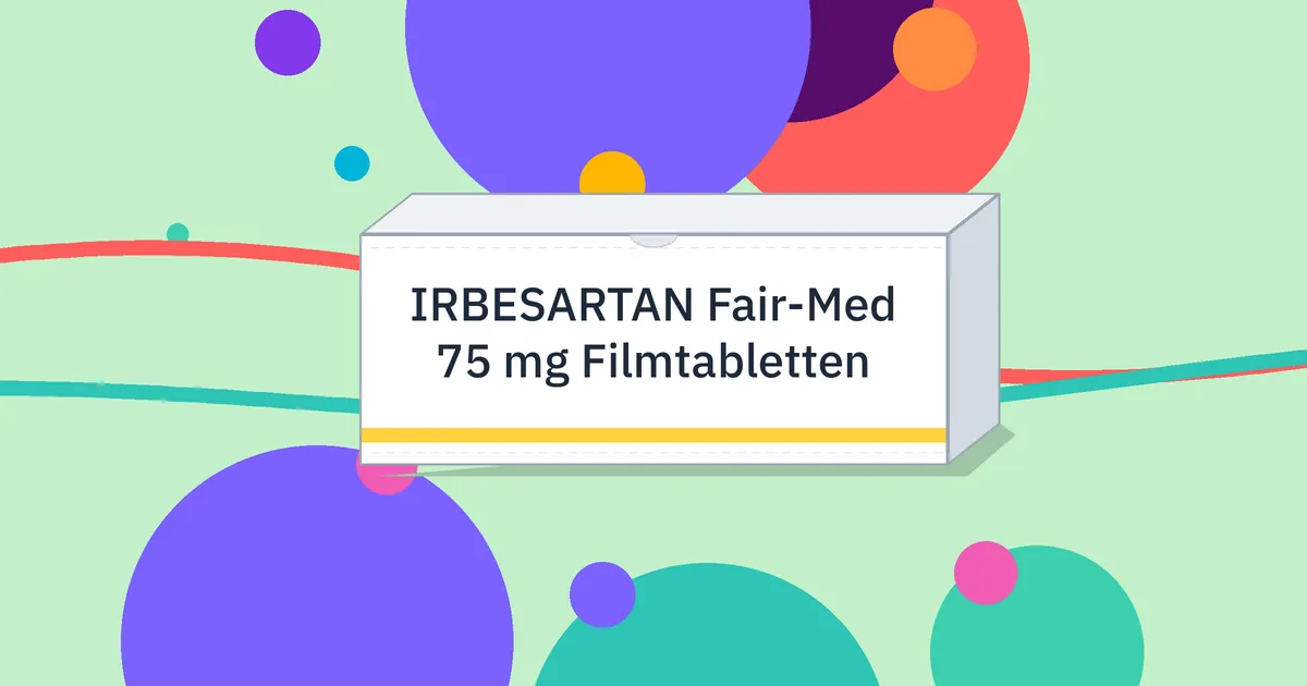 Symbolbild: Packung mit der Aufschrift IRBESARTAN Fair-Med 75 mg Filmtabletten (PZN 12700375) – Verfügbarkeit und Bezug in Apotheken in Frankfurt am Main
