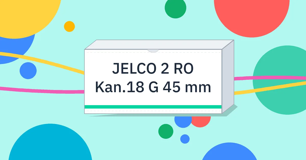 Symbolbild: Packung mit der Aufschrift JELCO 2 RO Kan.18 G 45 mm (PZN 09216629) – Verfügbarkeit und Bezug in Apotheken in Frankfurt am Main