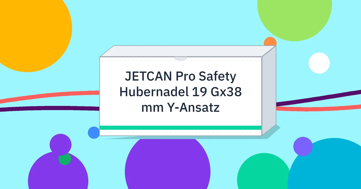 Symbolbild: Packung mit der Aufschrift JETCAN Pro Safety Hubernadel 19 Gx38 mm Y-Ansatz (PZN 19238862) – Verfügbarkeit und Bezug in Apotheken in Frankfurt am Main