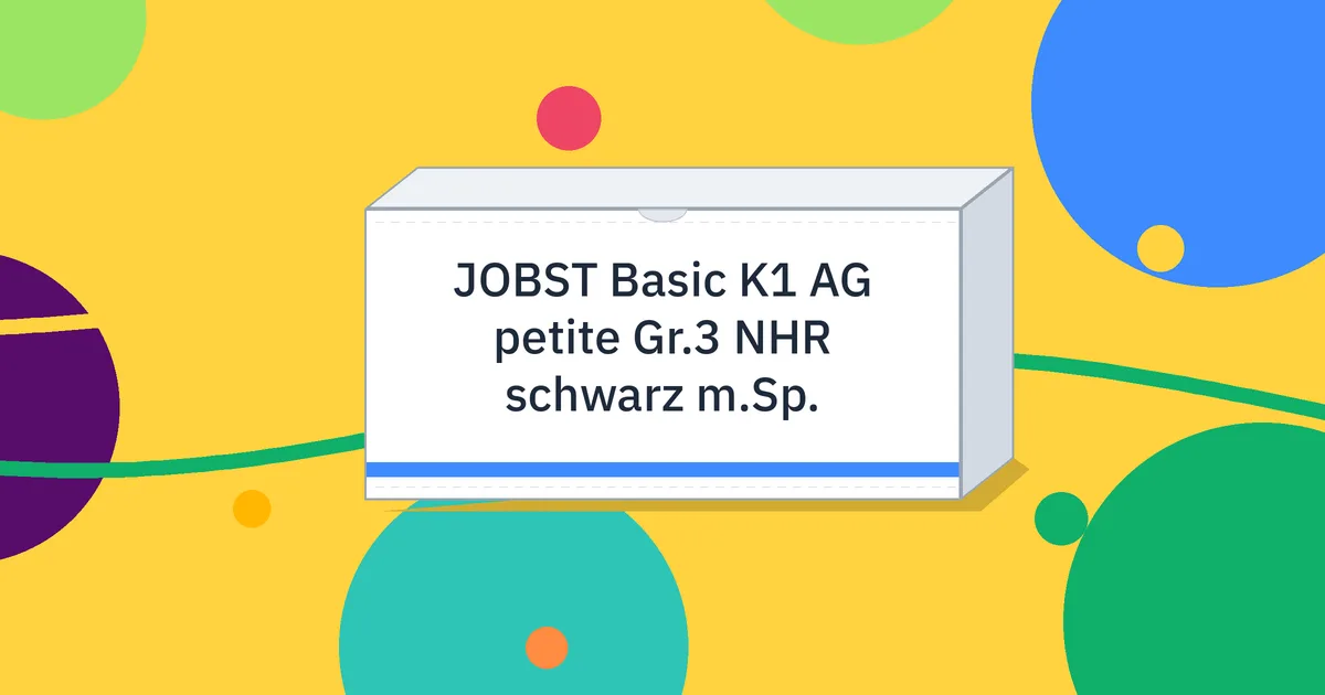 Symbolbild: Packung mit der Aufschrift JOBST Basic K1 AG petite Gr.3 NHR schwarz m.Sp. (PZN 15309565) – Verfügbarkeit und Bezug in Apotheken in Frankfurt am Main
