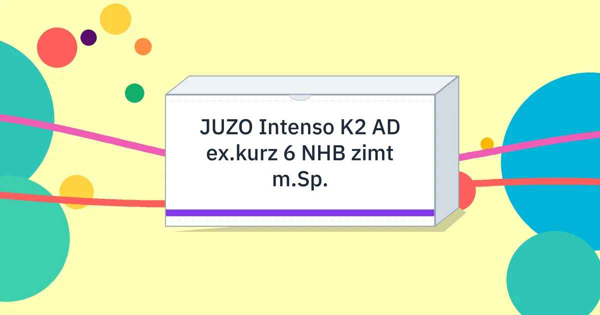 Symbolbild: Packung mit der Aufschrift JUZO Intenso K2 AD ex.kurz 6 NHB zimt m.Sp. (PZN 18611508) – Verfügbarkeit und Bezug in Apotheken in Frankfurt am Main