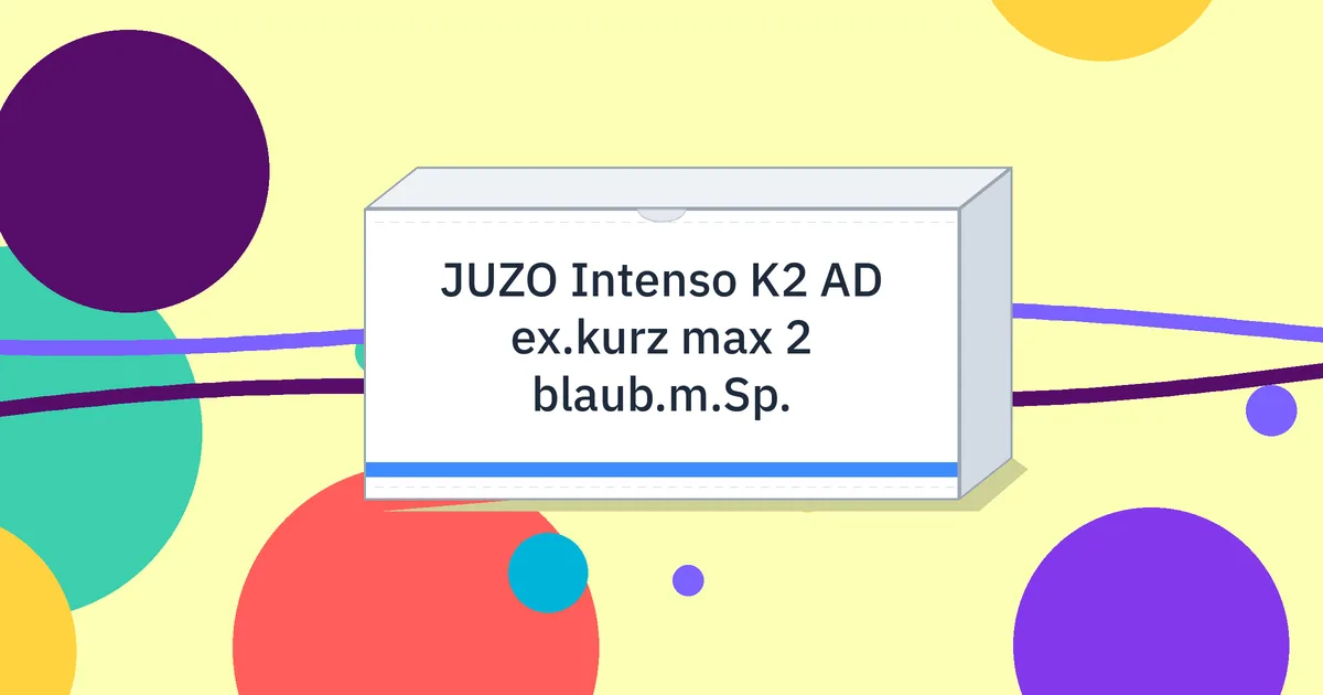 Symbolbild: Packung mit der Aufschrift JUZO Intenso K2 AD ex.kurz max 2 blaub.m.Sp. (PZN 18606890) – Verfügbarkeit und Bezug in Apotheken in Frankfurt am Main