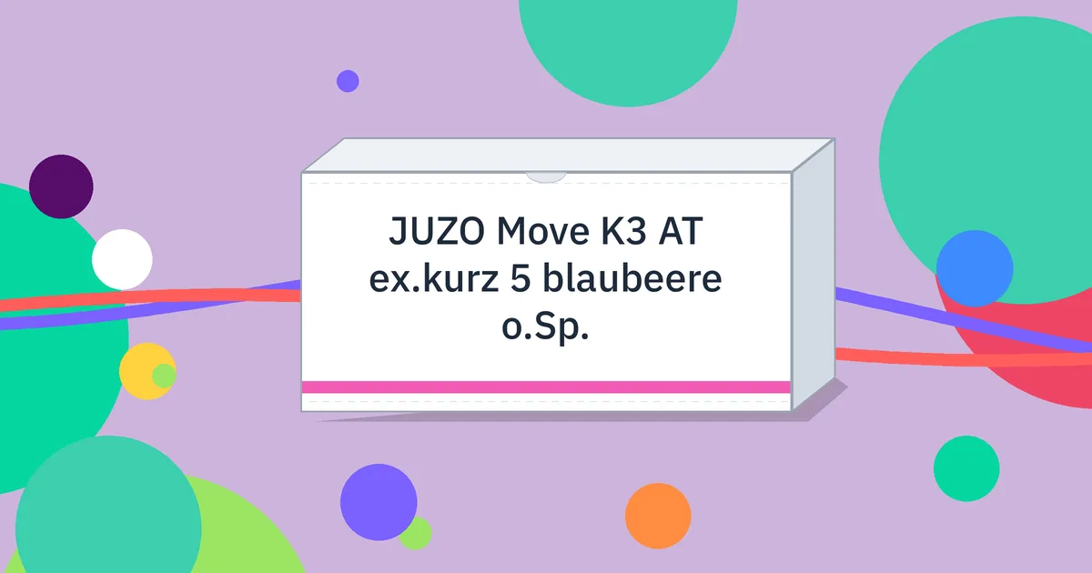 Symbolbild: Packung mit der Aufschrift JUZO Move K3 AT ex.kurz 5 blaubeere o.Sp. (PZN 20681634) – Verfügbarkeit und Bezug in Apotheken in Frankfurt am Main