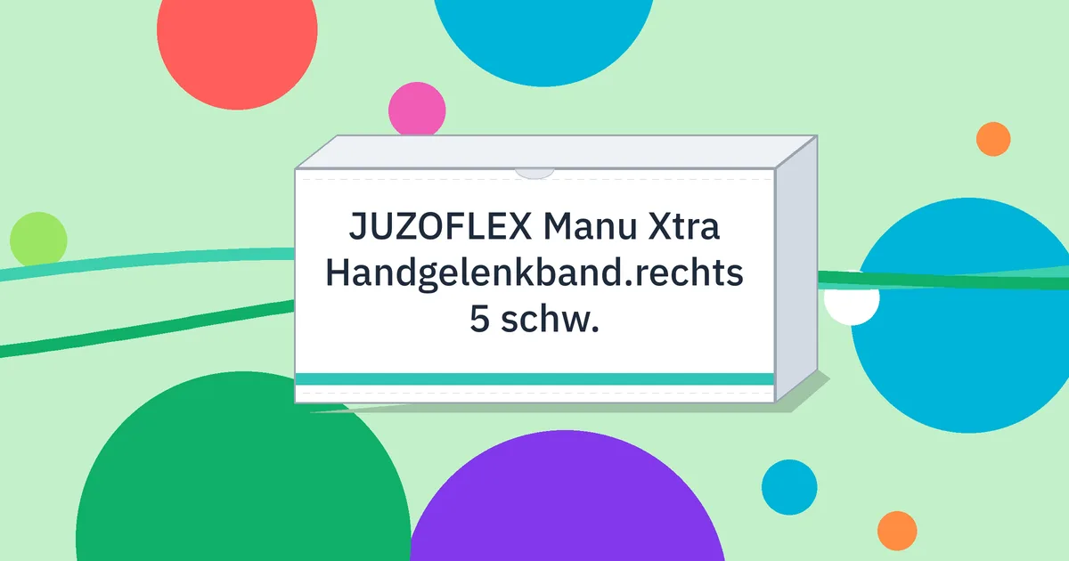 Symbolbild: Packung mit der Aufschrift JUZOFLEX Manu Xtra Handgelenkband.rechts 5 schw. (PZN 16635410) – Verfügbarkeit und Bezug in Apotheken in Frankfurt am Main