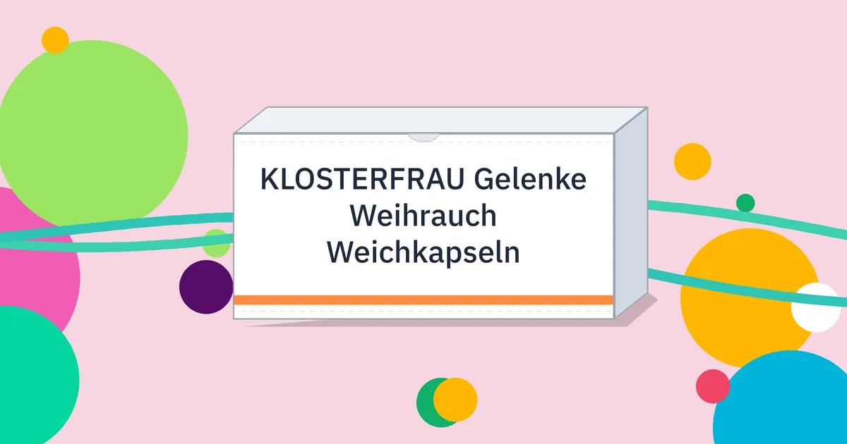 Symbolbild: Packung mit der Aufschrift KLOSTERFRAU Gelenke Weihrauch Weichkapseln (PZN 18360874) – Verfügbarkeit und Bezug in Apotheken in Frankfurt am Main