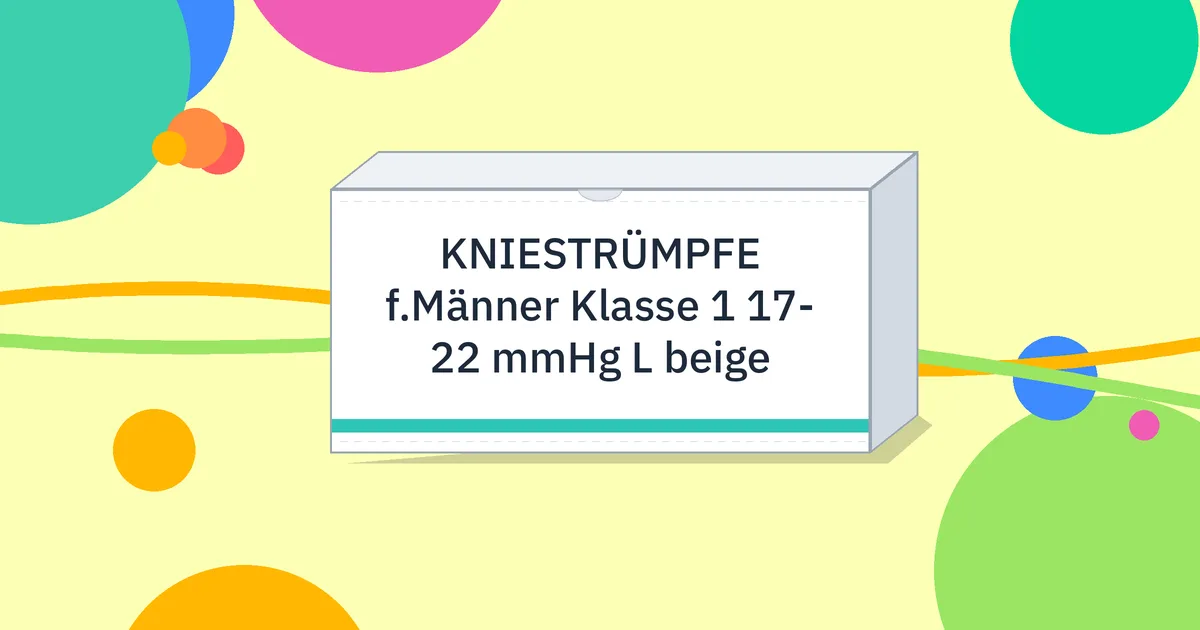 Symbolbild: Packung mit der Aufschrift KNIESTRÜMPFE f.Männer Klasse 1 17-22 mmHg L beige (PZN 19072580) – Verfügbarkeit und Bezug in Apotheken in Frankfurt am Main