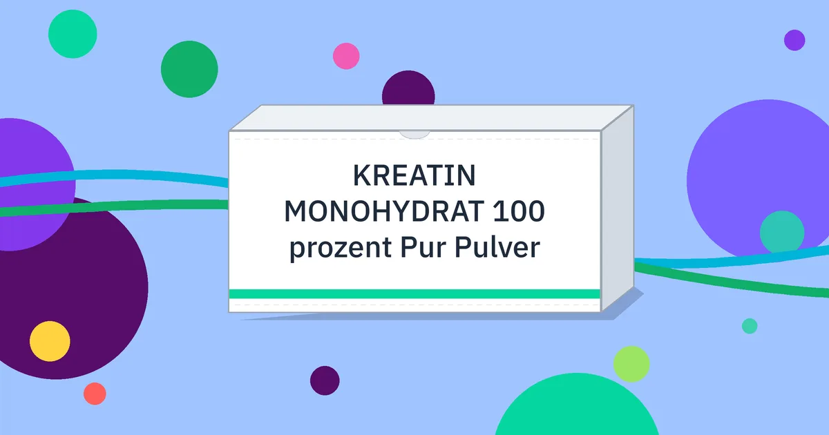 Symbolbild: Packung mit der Aufschrift KREATIN MONOHYDRAT 100 prozent Pur Pulver (PZN 01498367) – Verfügbarkeit und Bezug in Apotheken in Frankfurt am Main