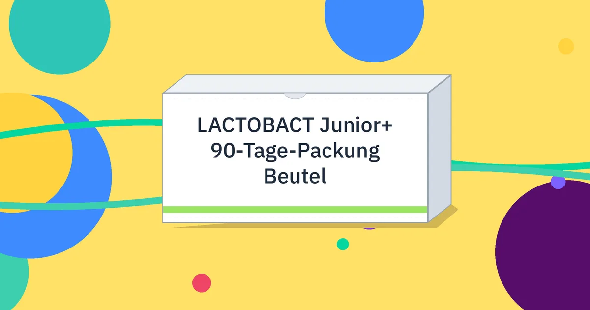 Symbolbild: Packung mit der Aufschrift LACTOBACT Junior+ 90-Tage-Packung Beutel (PZN 12585796) – Verfügbarkeit und Bezug in Apotheken in Frankfurt am Main