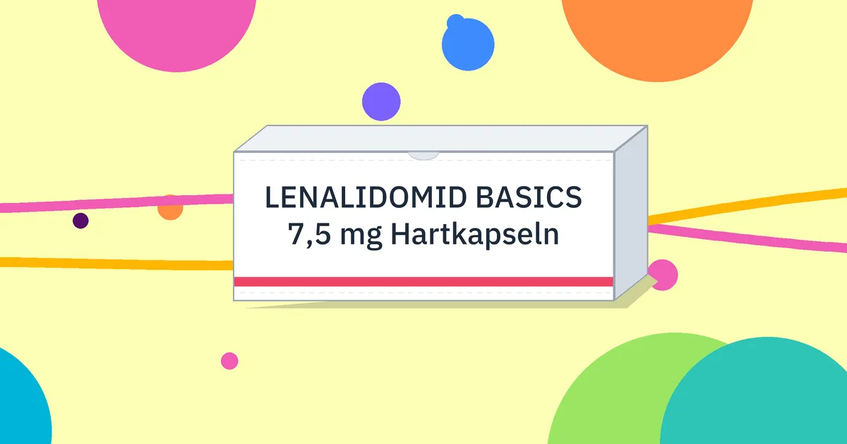 Symbolbild: Packung mit der Aufschrift LENALIDOMID BASICS 7,5 mg Hartkapseln (PZN 17816527) – Verfügbarkeit und Bezug in Apotheken in Frankfurt am Main