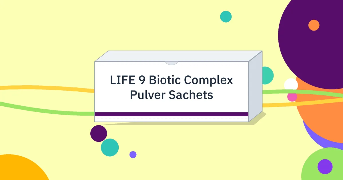 Symbolbild: Packung mit der Aufschrift LIFE 9 Biotic Complex Pulver Sachets (PZN 18909998) – Verfügbarkeit und Bezug in Apotheken in Frankfurt am Main