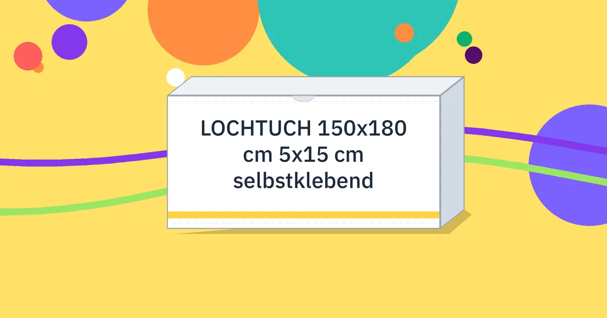 Symbolbild: Packung mit der Aufschrift LOCHTUCH 150x180 cm 5x15 cm selbstklebend (PZN 19415979) – Verfügbarkeit und Bezug in Apotheken in Frankfurt am Main