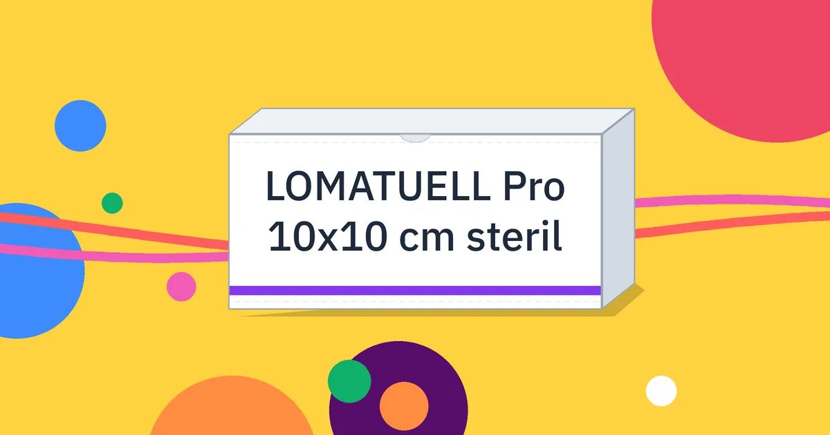 Symbolbild: Packung mit der Aufschrift LOMATUELL Pro 10x10 cm steril (PZN 19346899) – Verfügbarkeit und Bezug in Apotheken in Frankfurt am Main