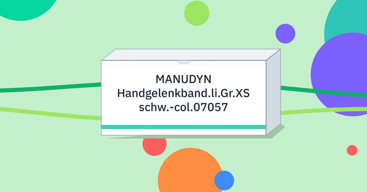 Symbolbild: Packung mit der Aufschrift MANUDYN Handgelenkband.li.Gr.XS schw.-col.07057 (PZN 06727192) – Verfügbarkeit und Bezug in Apotheken in Frankfurt am Main