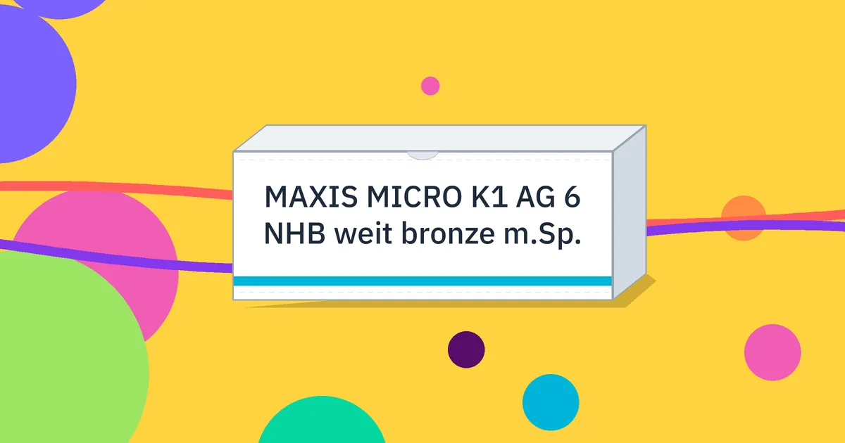 Symbolbild: Packung mit der Aufschrift MAXIS MICRO K1 AG 6 NHB weit bronze m.Sp. (PZN 17672608) – Verfügbarkeit und Bezug in Apotheken in Frankfurt am Main
