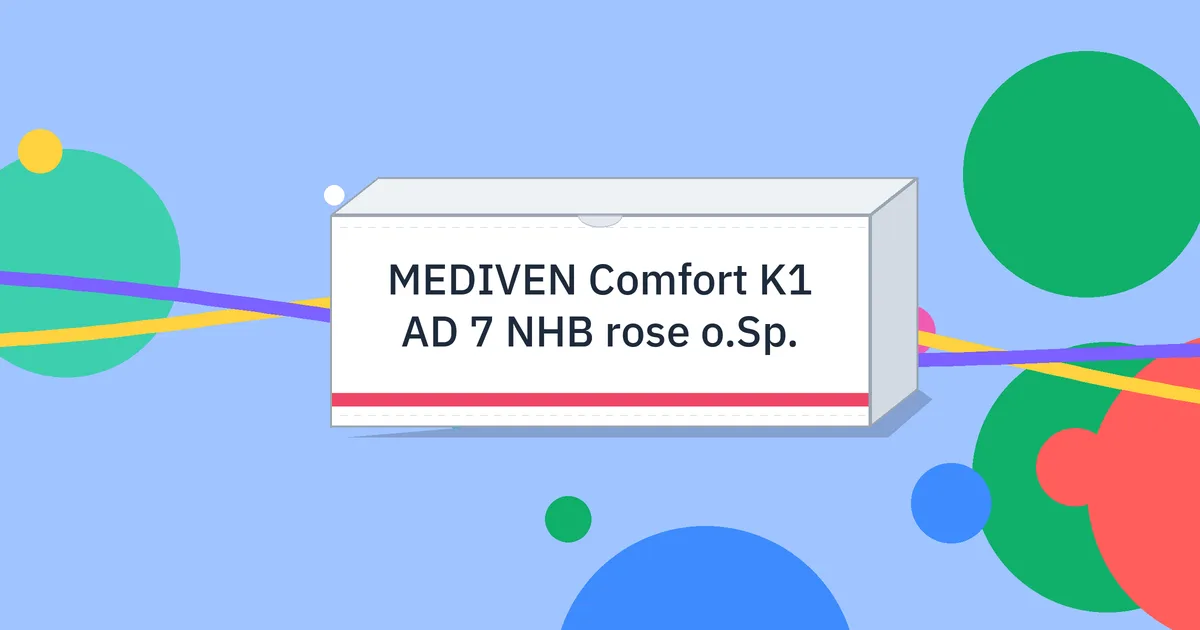 Symbolbild: Packung mit der Aufschrift MEDIVEN Comfort K1 AD 7 NHB rose o.Sp. (PZN 14560180) – Verfügbarkeit und Bezug in Apotheken in Frankfurt am Main