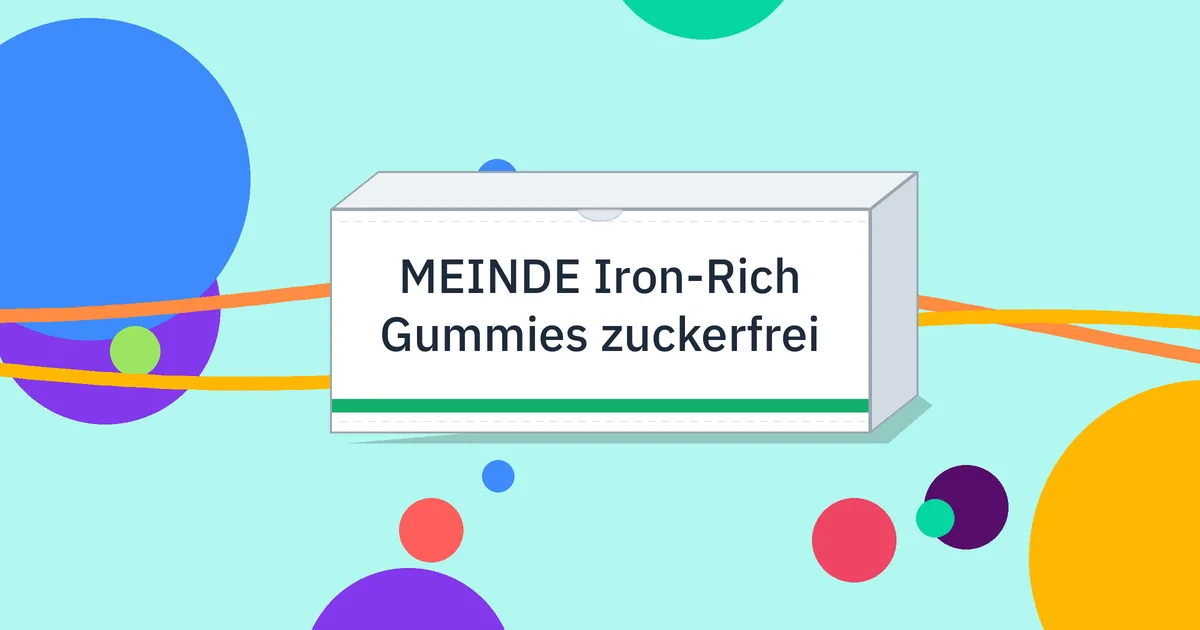 Symbolbild: Packung mit der Aufschrift MEINDE Iron-Rich Gummies zuckerfrei (PZN 20104569) – Verfügbarkeit und Bezug in Apotheken in Frankfurt am Main