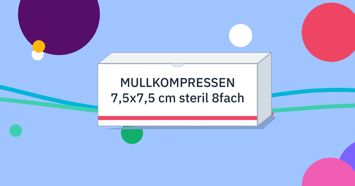 Symbolbild: Packung mit der Aufschrift MULLKOMPRESSEN 7,5x7,5 cm steril 8fach (PZN 03856090) – Verfügbarkeit und Bezug in Apotheken in Frankfurt am Main