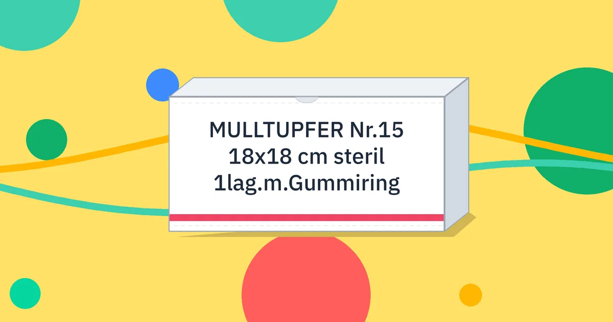 Symbolbild: Packung mit der Aufschrift MULLTUPFER Nr.15 18x18 cm steril 1lag.m.Gummiring (PZN 00263509) – Verfügbarkeit und Bezug in Apotheken in Frankfurt am Main