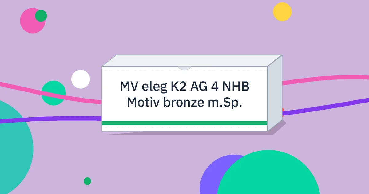 Symbolbild: Packung mit der Aufschrift MV eleg K2 AG 4 NHB Motiv bronze m.Sp. (PZN 15722354) – Verfügbarkeit und Bezug in Apotheken in Frankfurt am Main