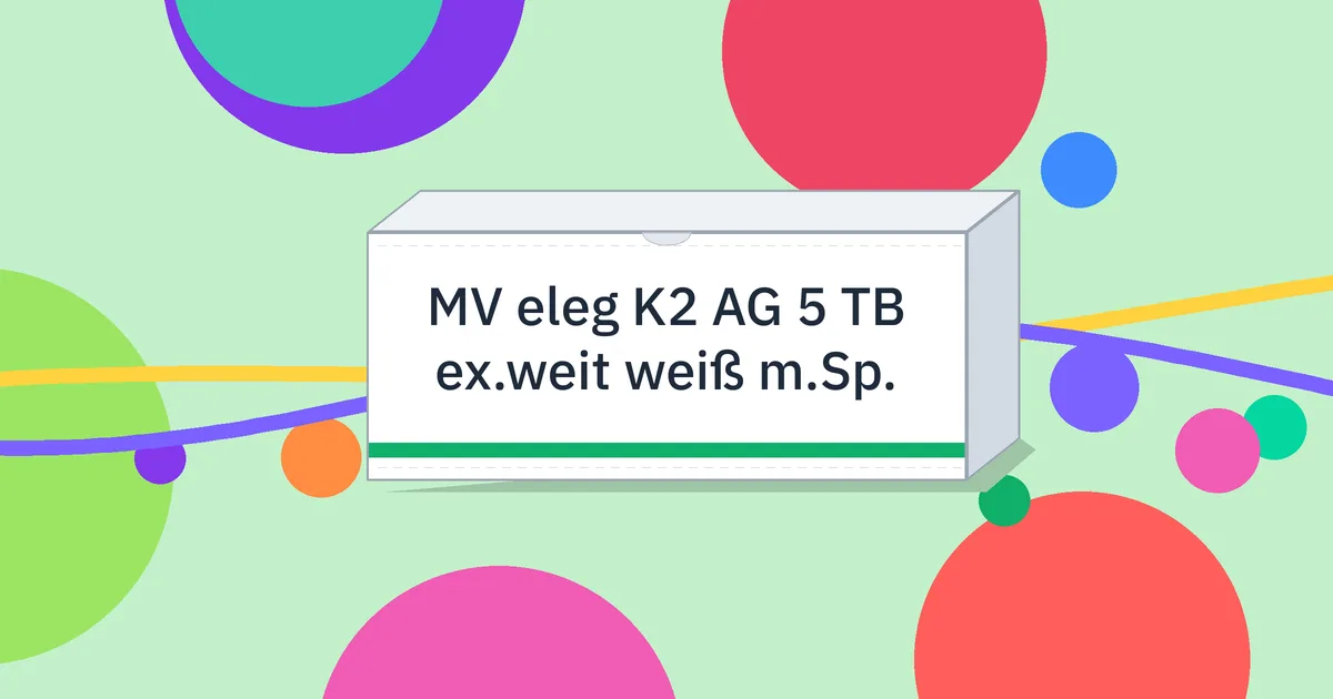 Symbolbild: Packung mit der Aufschrift MV eleg K2 AG 5 TB ex.weit weiß m.Sp. (PZN 09878230) – Verfügbarkeit und Bezug in Apotheken in Frankfurt am Main