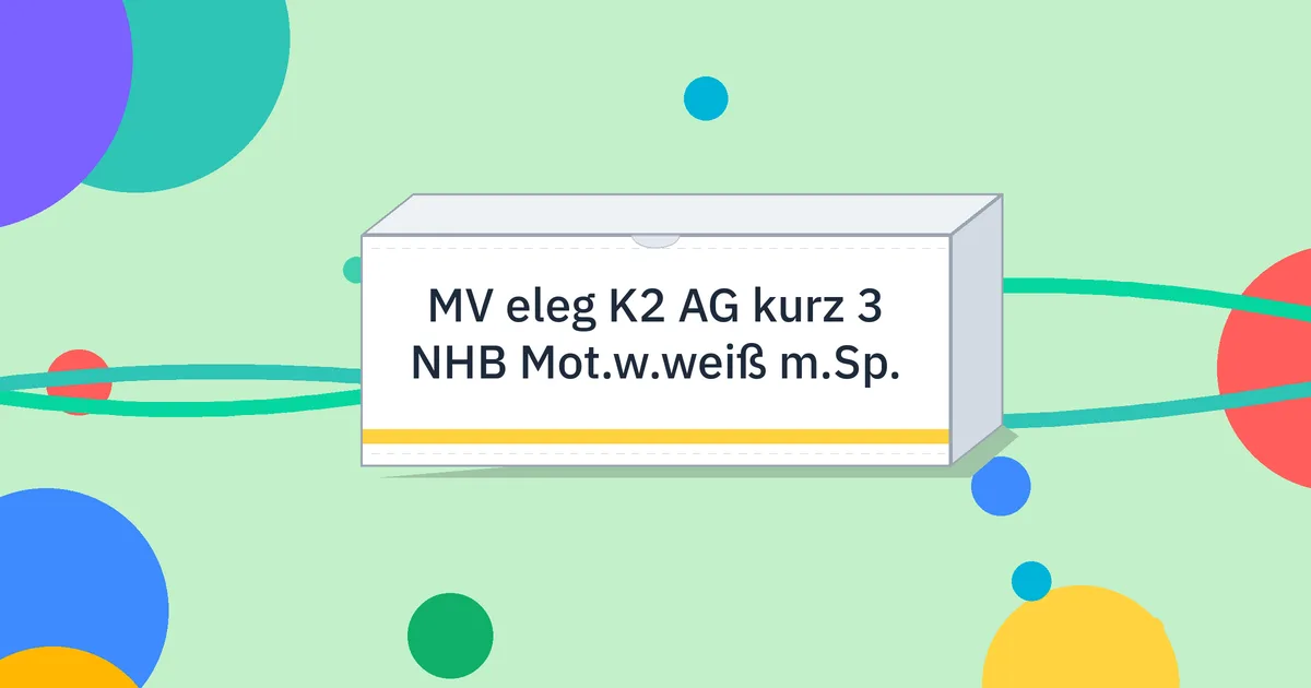 Symbolbild: Packung mit der Aufschrift MV eleg K2 AG kurz 3 NHB Mot.w.weiß m.Sp. (PZN 15713881) – Verfügbarkeit und Bezug in Apotheken in Frankfurt am Main