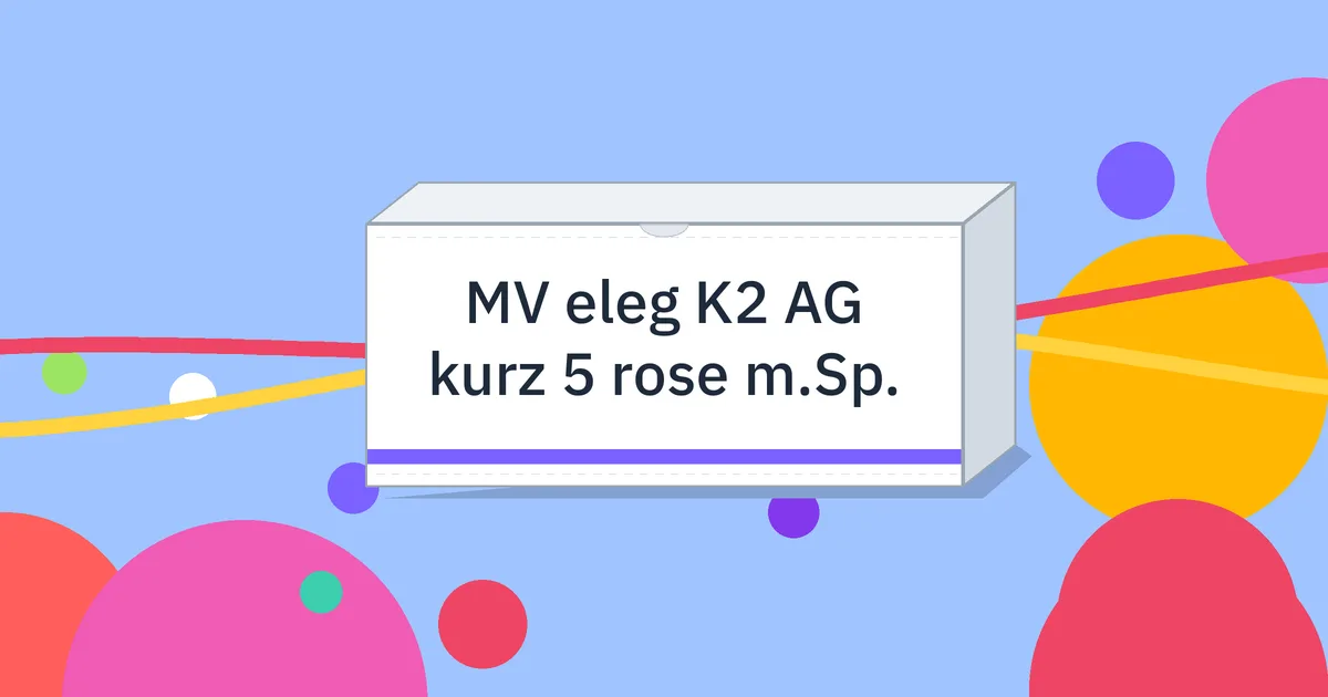 Symbolbild: Packung mit der Aufschrift MV eleg K2 AG kurz 5 rose m.Sp. (PZN 14697996) – Verfügbarkeit und Bezug in Apotheken in Frankfurt am Main