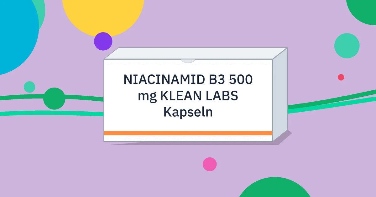 Symbolbild: Packung mit der Aufschrift NIACINAMID B3 500 mg KLEAN LABS Kapseln (PZN 13517207) – Verfügbarkeit und Bezug in Apotheken in Frankfurt am Main