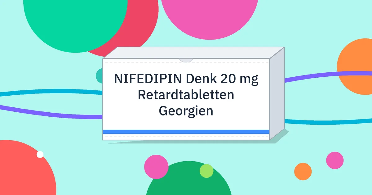 Symbolbild: Packung mit der Aufschrift NIFEDIPIN Denk 20 mg Retardtabletten Georgien (PZN 20702098) – Verfügbarkeit und Bezug in Apotheken in Frankfurt am Main